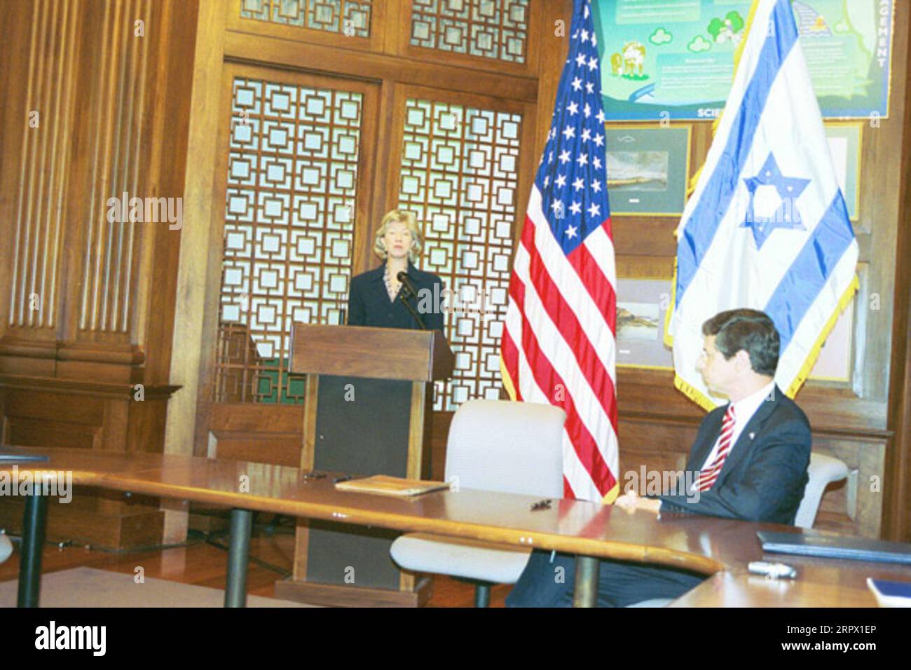 Secretary Gale Norton speaking at podium, with Israel's Ambassador to ...
