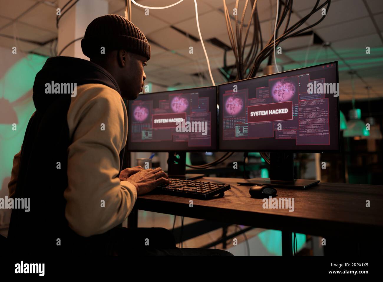 Criminal Cyberattack Hacker Accessing Computer System Man Writing Password Cracking Software