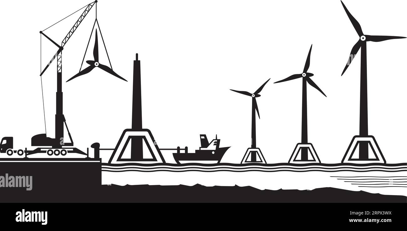 Offshore floating wind farm construction – vector illustration Stock ...