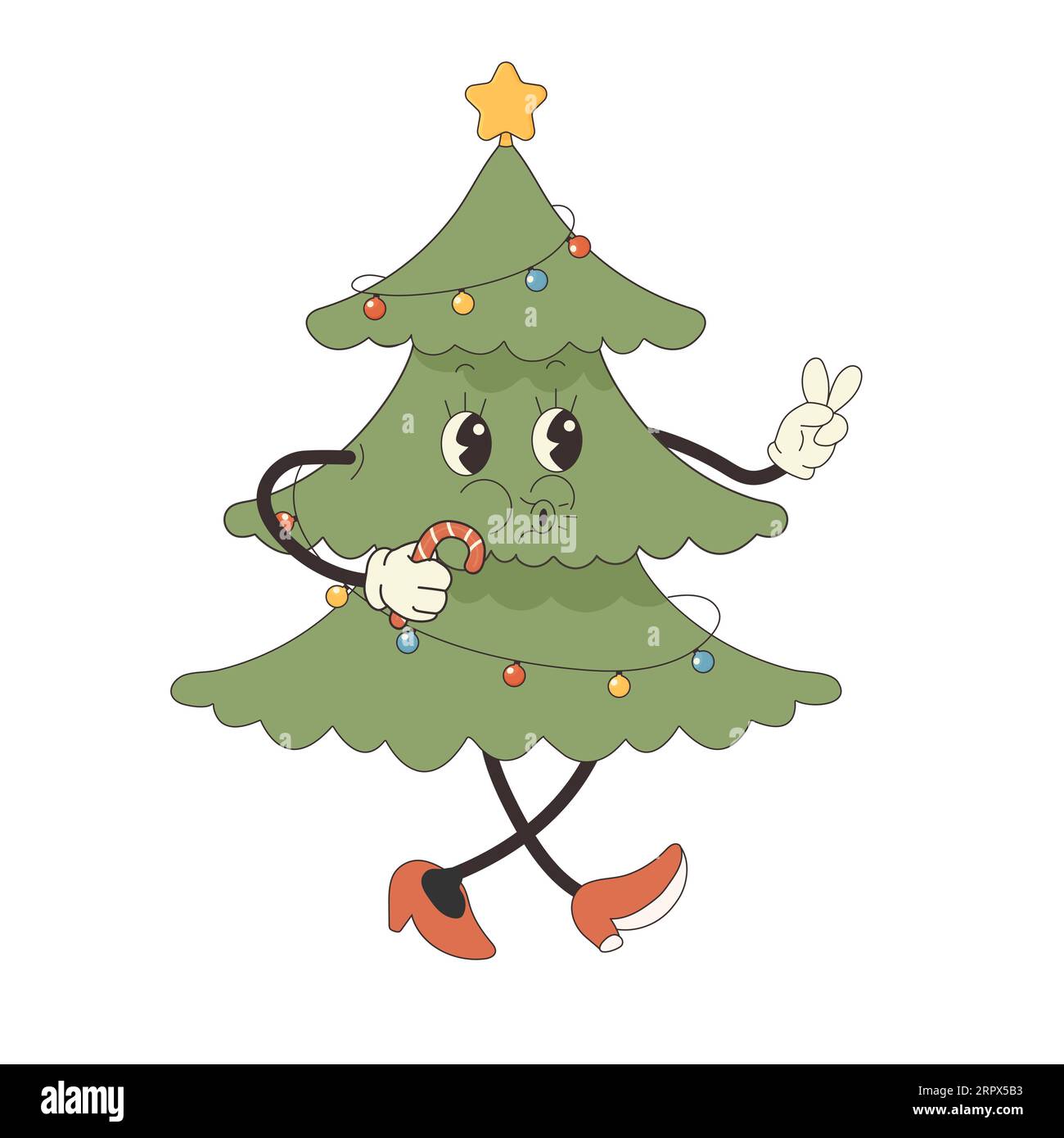 groovy xmas tree hippie, character pacing. New Years Vector ...