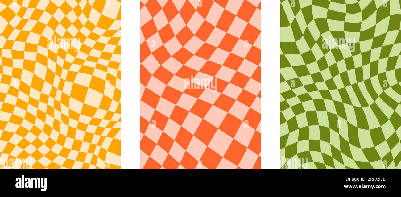 Groovy checkerboard background set. Colorful retro wavy checkered pattern collection. Vintage ...