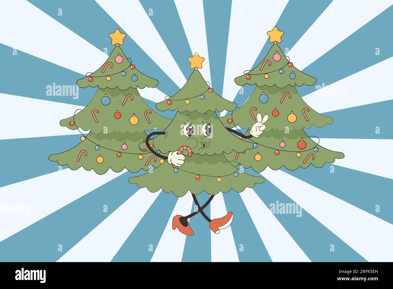 groovy xmas tree hippie, character pacing. New Years Vector ...