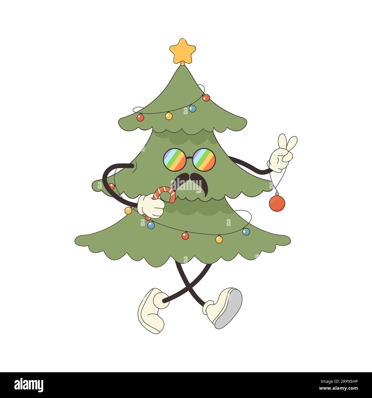 groovy xmas tree hippie, character pacing. New Years Vector ...
