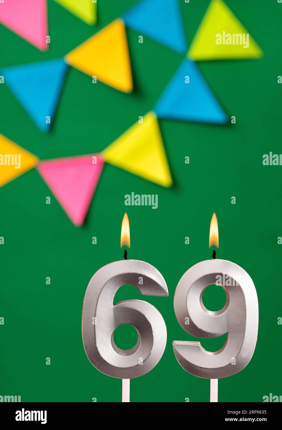Candle number 69 birthday - Green anniversary card with pennants Stock ...