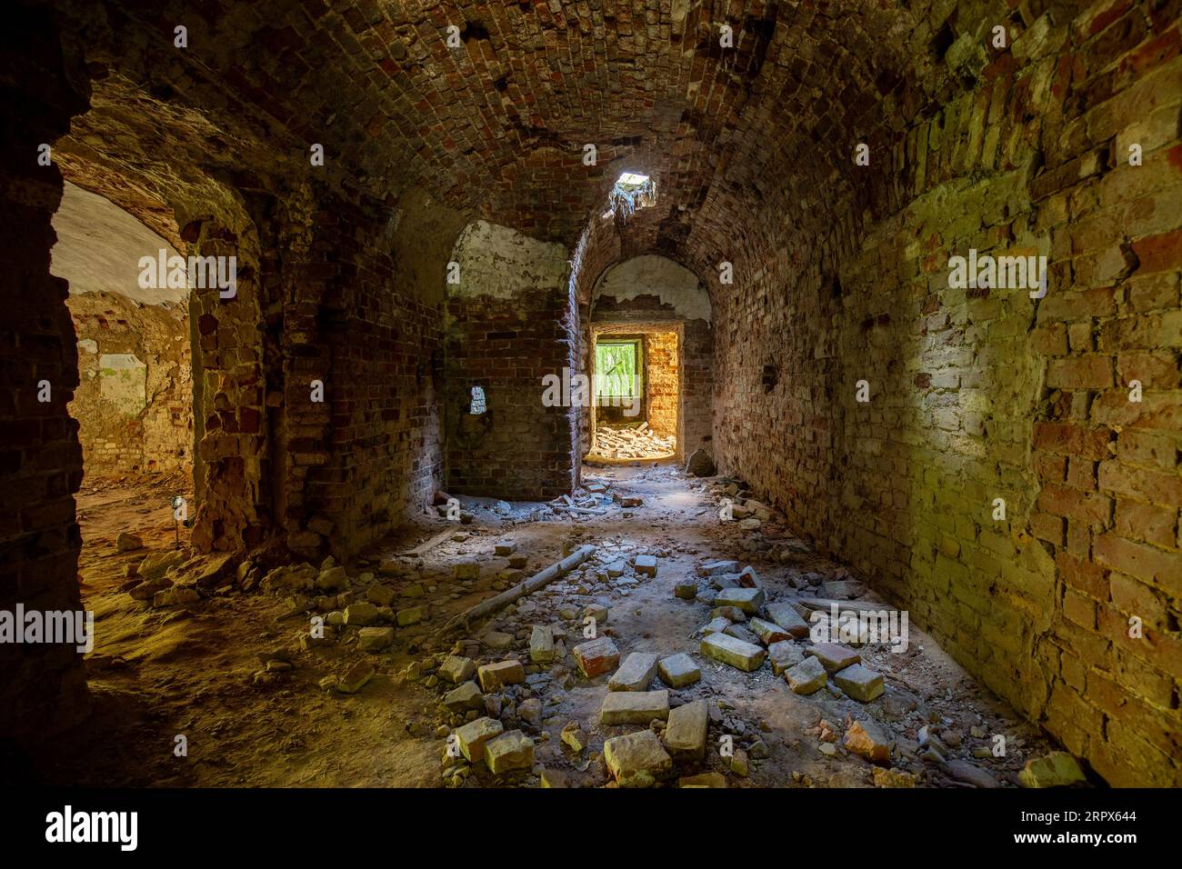 Vaulted red brick dungeon under old mansion. Former estate of the ...