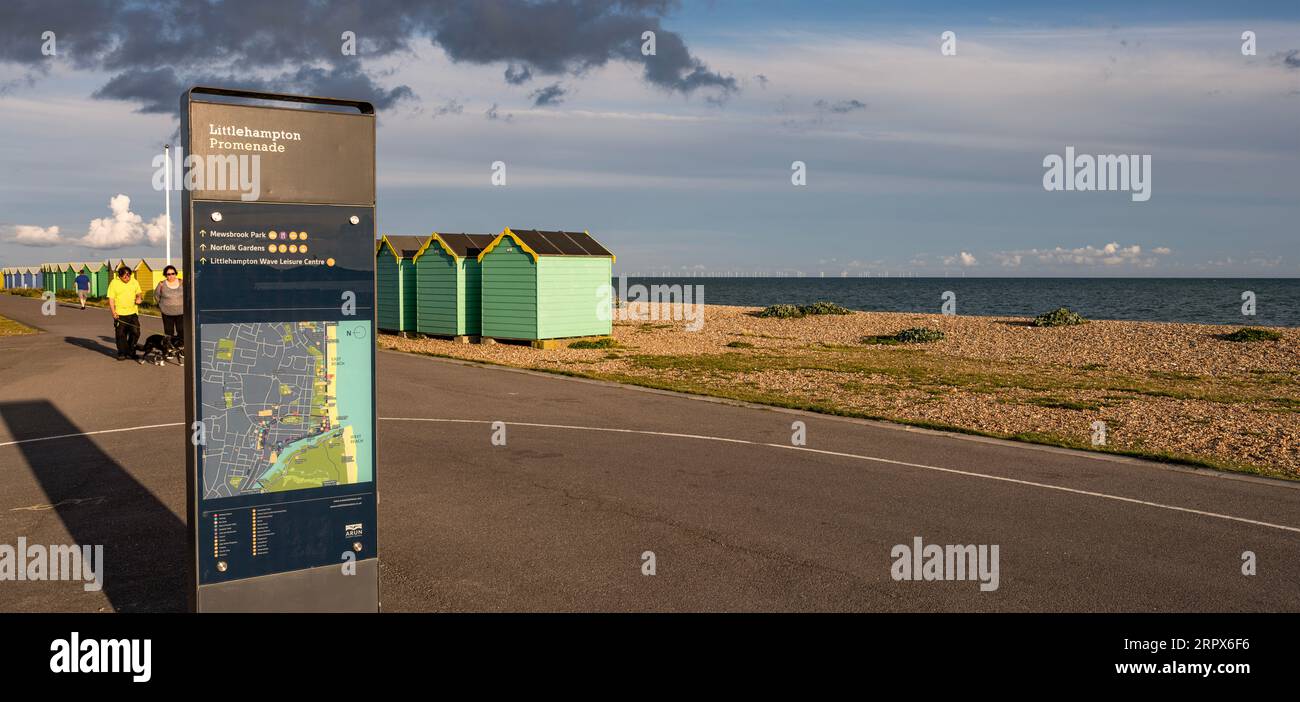 Promenade in Littlehampton, West Sussex, UK; showing beach huts, the ...