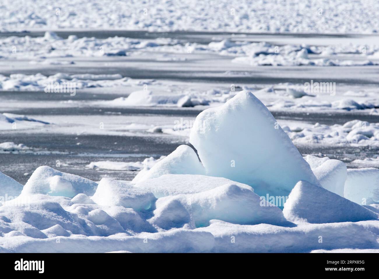 Icebergs drifting in the sea off the coast of Hokkaido in winter time ...