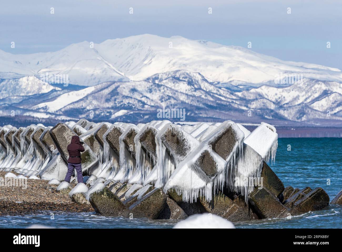 Tourist takes images of ice covered concrete wave breakers on the Japanese beach in winter time ...