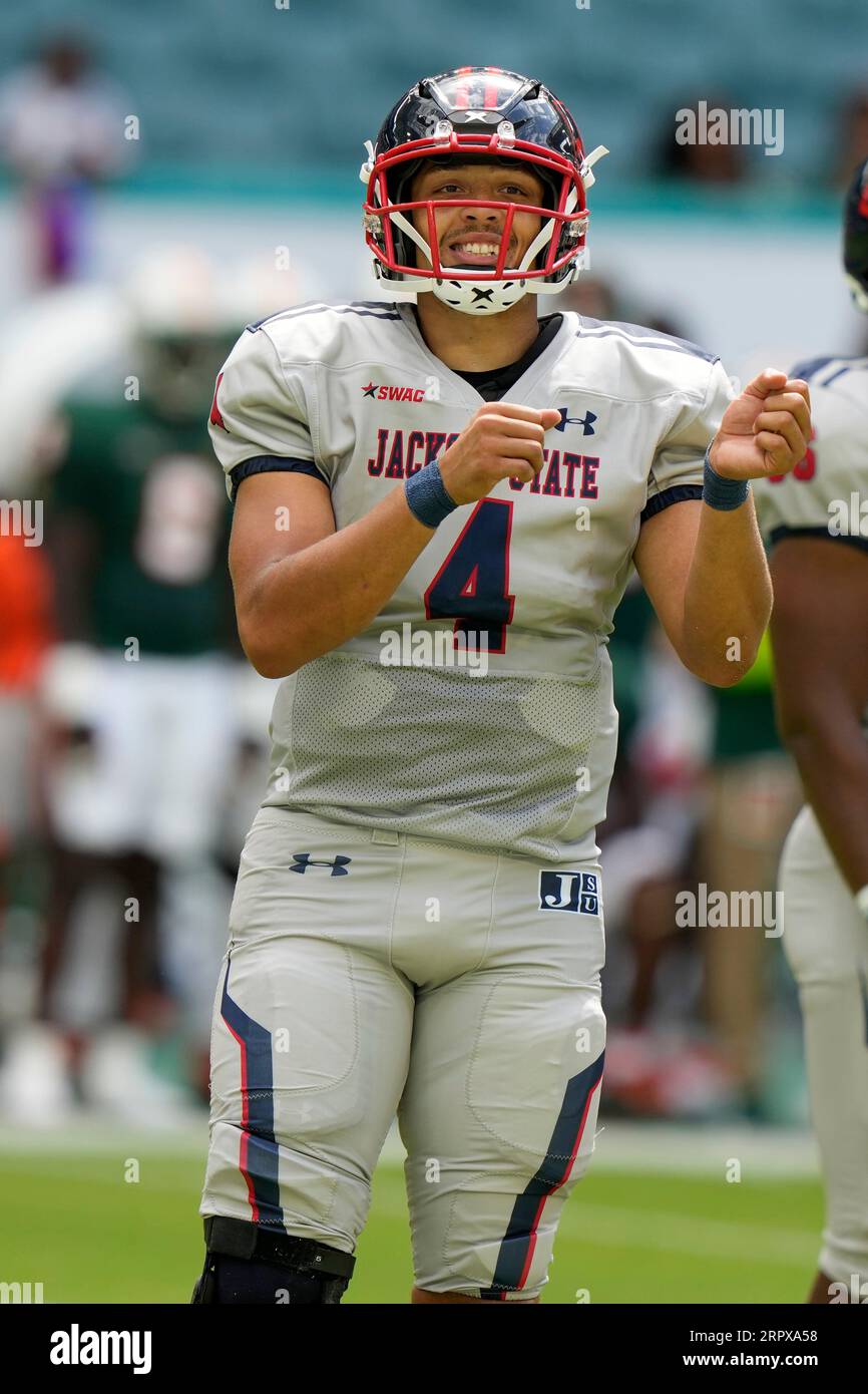 Jackson State quarterback Jason Brown (4) looks to the sideline as a ...