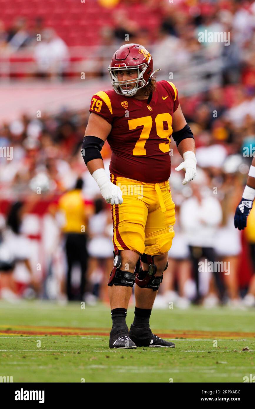 USC Trojans offensive lineman Jonah Monheim (79) in an offensive stance ...