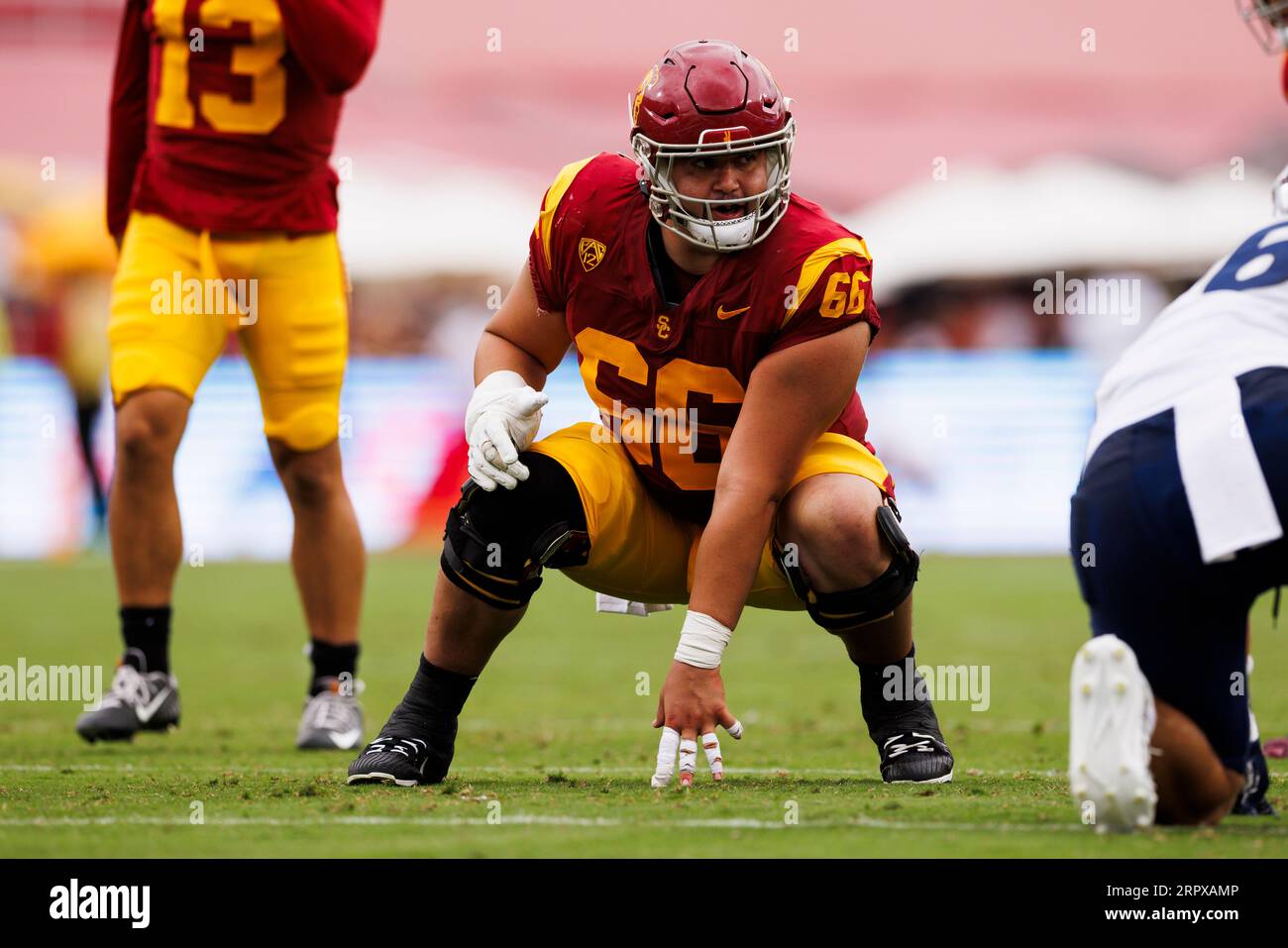 USC Trojans offensive lineman Gino Quinones (66) in an offensive stance ...