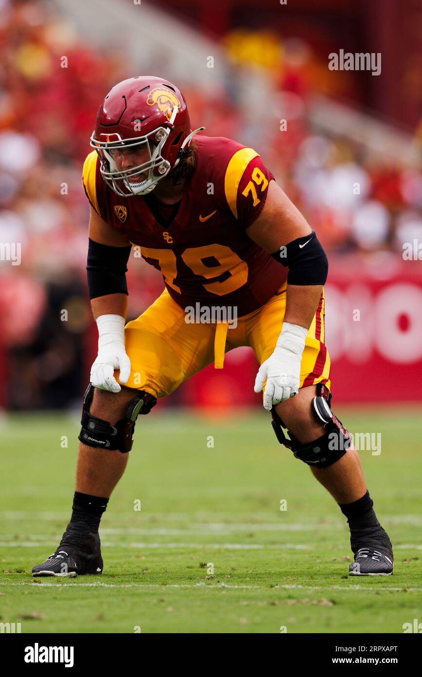 USC Trojans offensive lineman Jonah Monheim (79) in an offensive stance ...