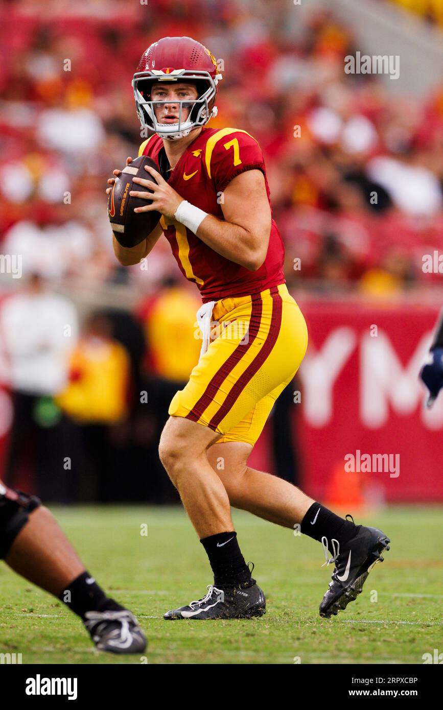 USC Trojans quarterback Miller Moss (7) drops back to pass during the ...