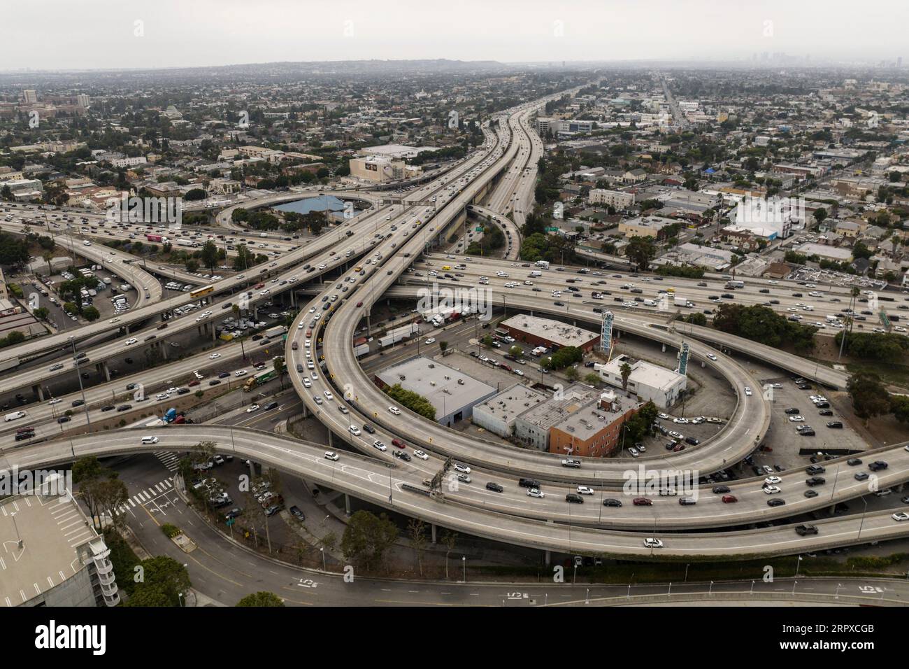 This aerial view shows the 10 and 110 Freeway interchange in downtown ...