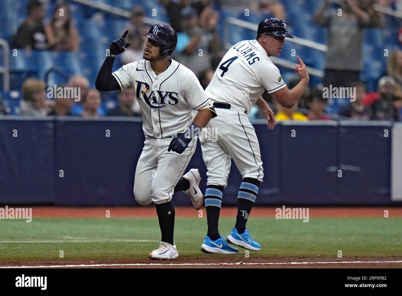 Tampa Bay Rays' Rene Pinto celebrates his two-run home run off Boston ...