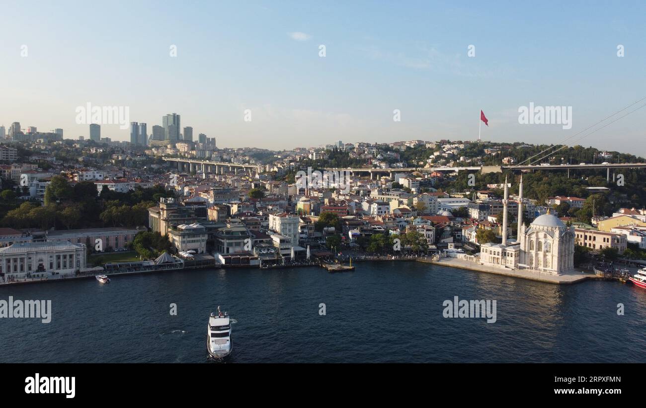 A drone shot of the Grand Mecidiye Mosque, Ortaköy, Istanbul, with the ...