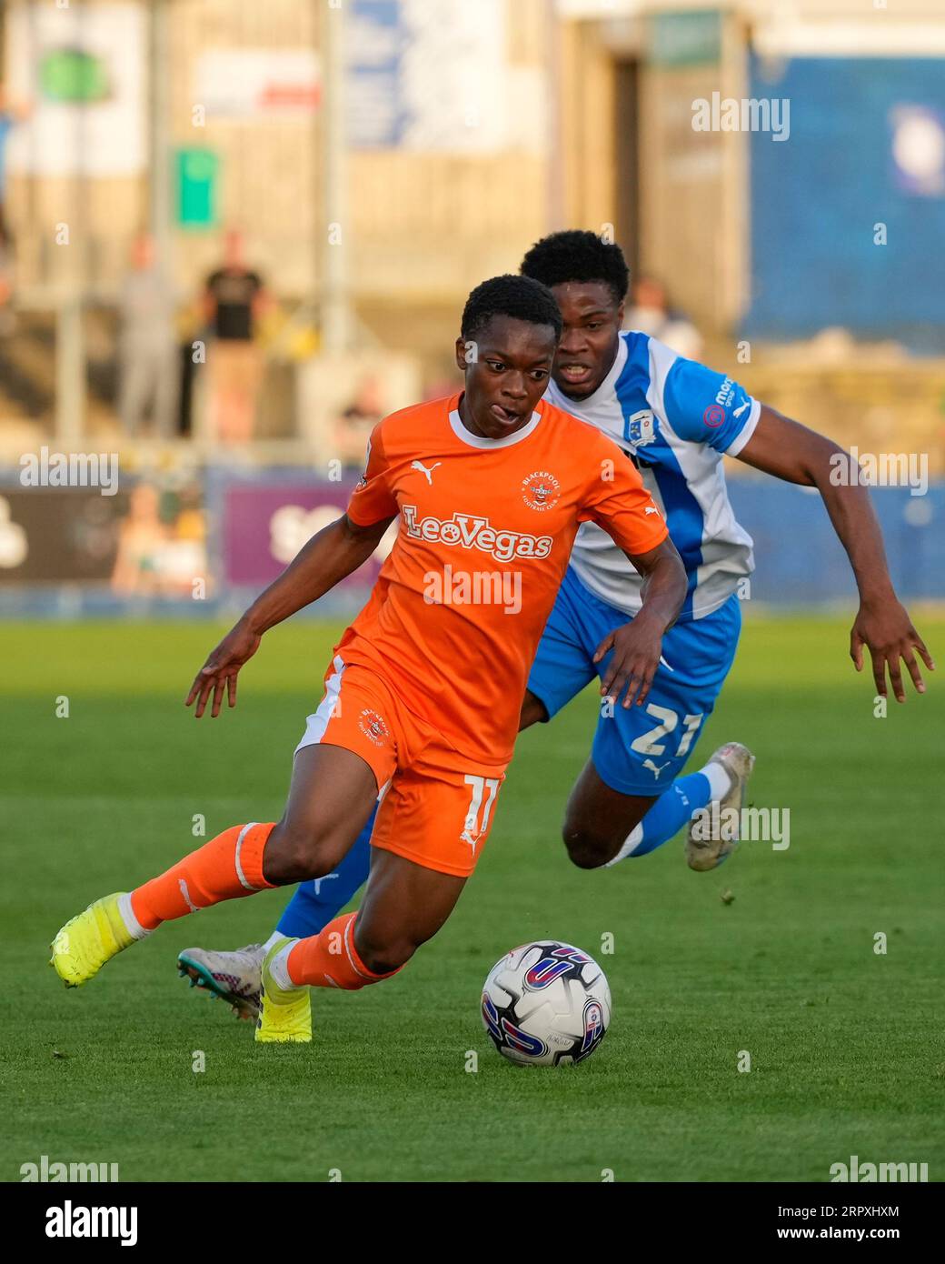 Karamoko Dembele #11 of Blackpool break past Tyrell Warren #21 of ...