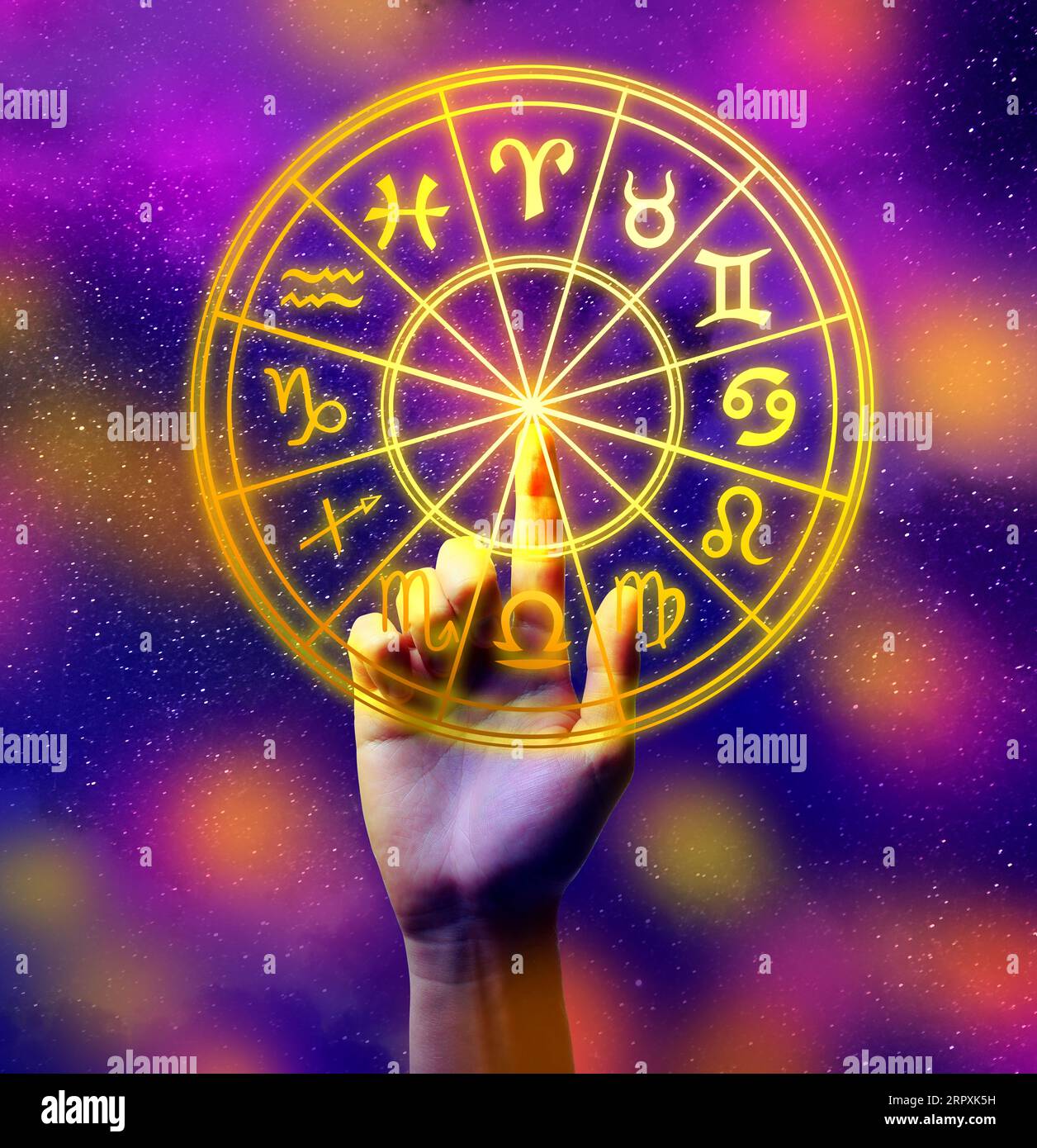 Astrology. Woman touching zodiac wheel on bright background, closeup ...