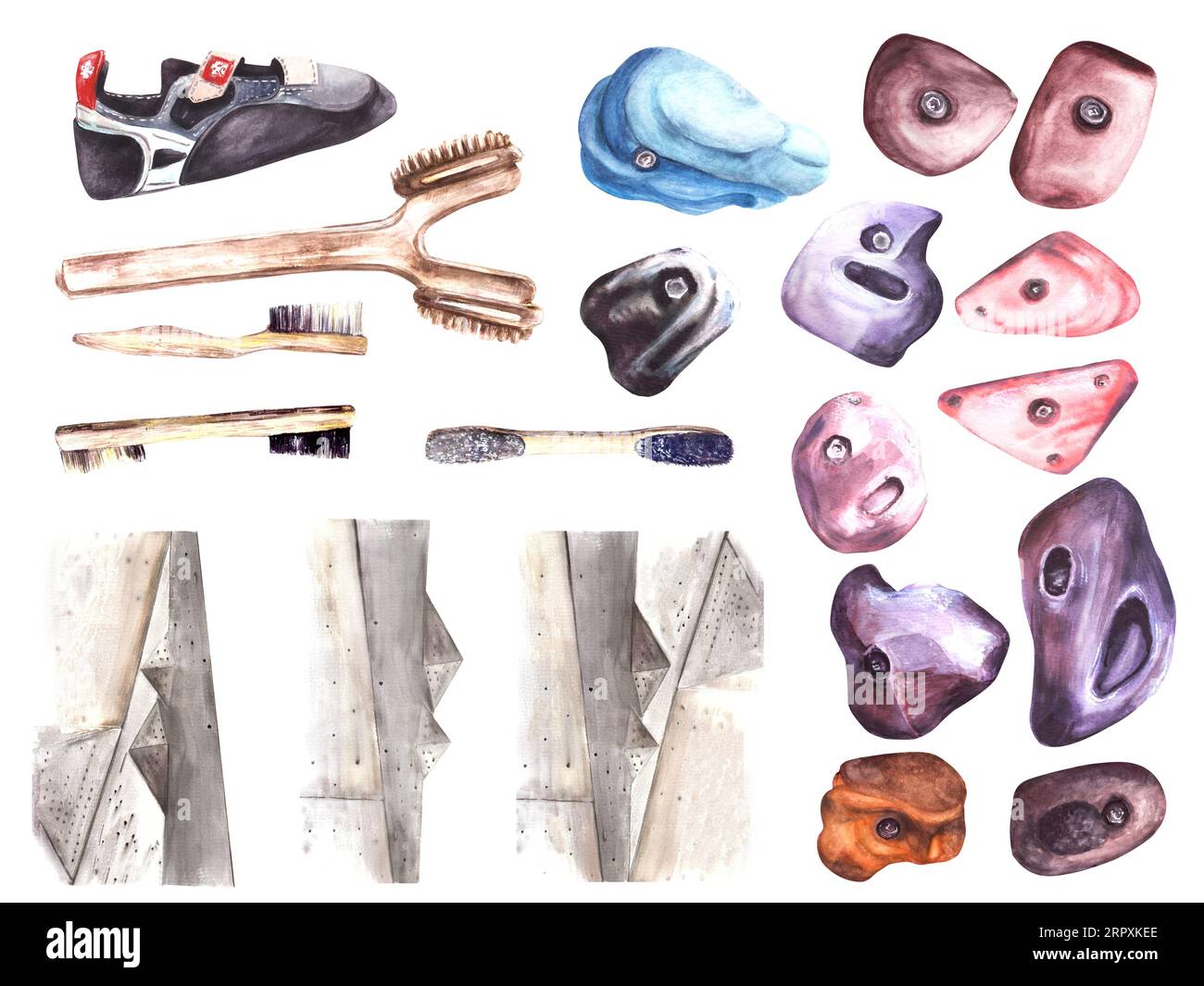 Climbing, bouldering equipment set. Shoes, brushes, coloured rock ...