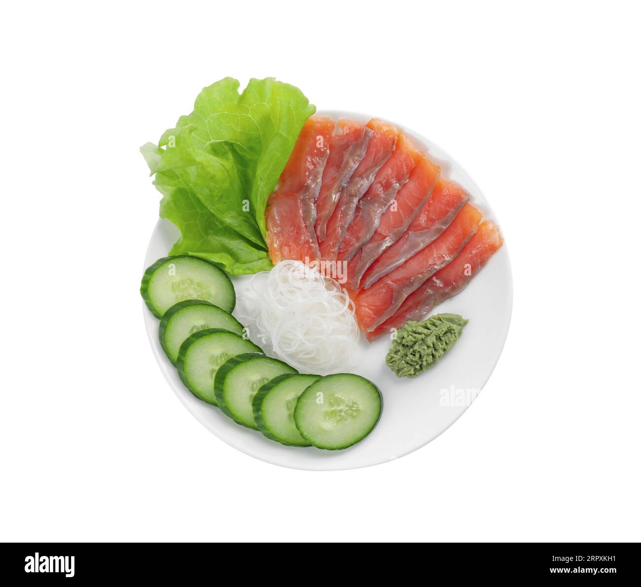 Sashimi set (salmon slices) with cucumber, greens, vasabi and funchosa ...