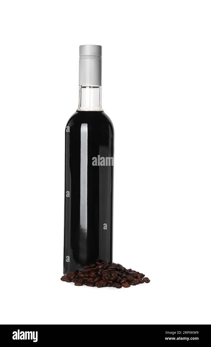 Delicious syrup and coffee beans on white background Stock Photo - Alamy