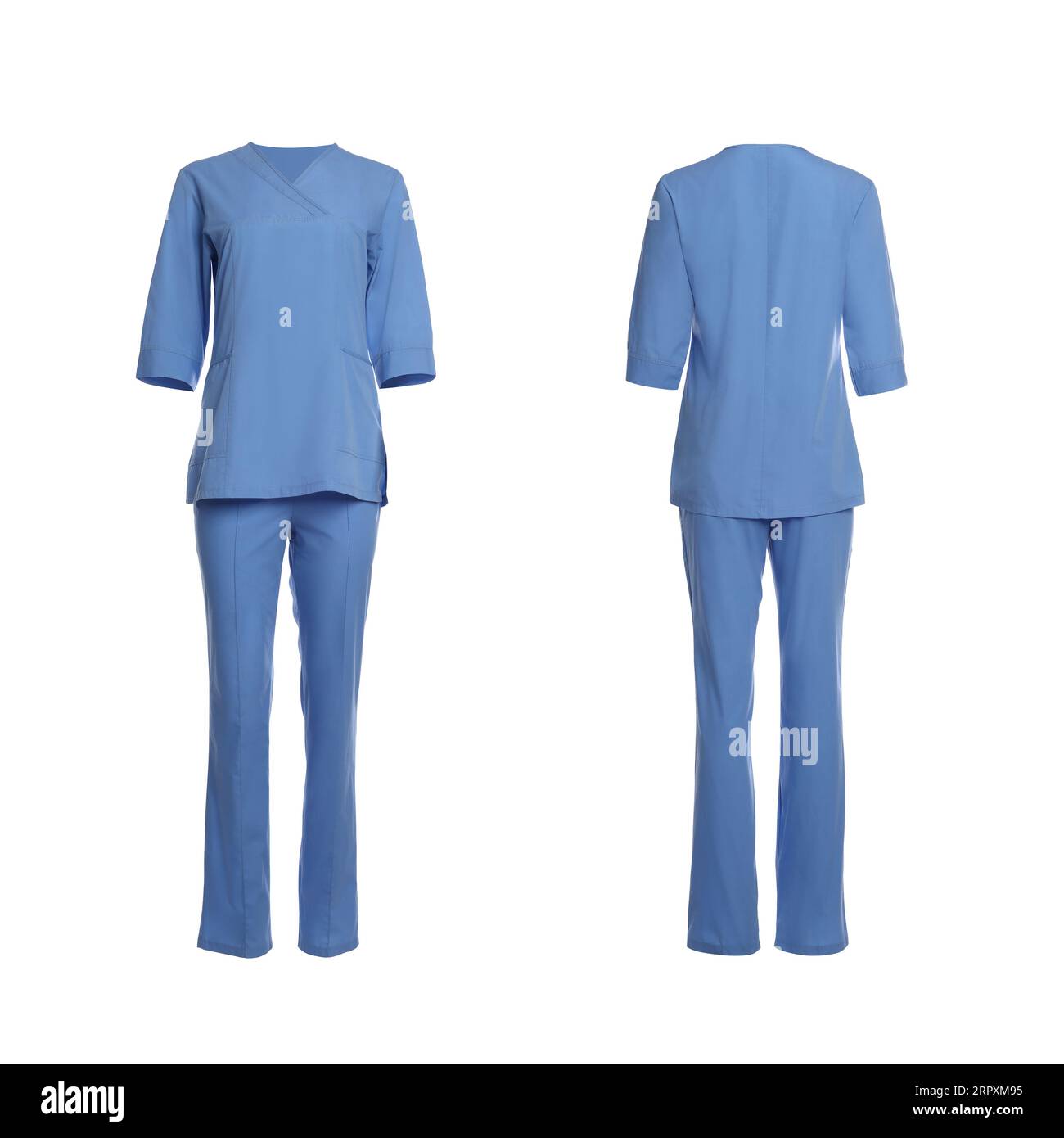 Blue medical uniform isolated on white, collage with back and front ...