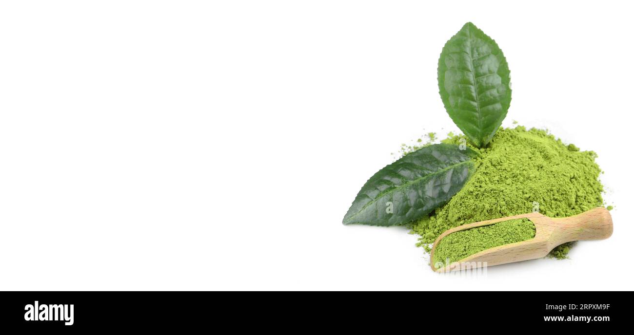 Matcha powder and green leaves isolated on white, banner design. Space ...
