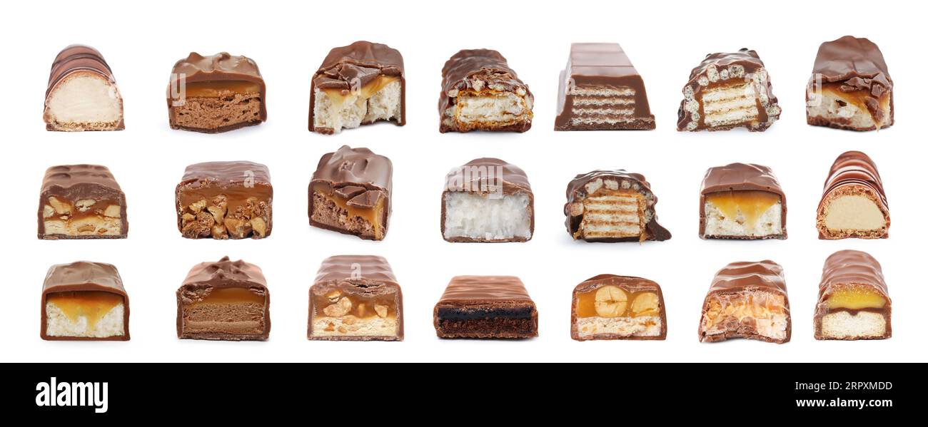 Set with many yummy chocolate bars isolated on white Stock Photo - Alamy