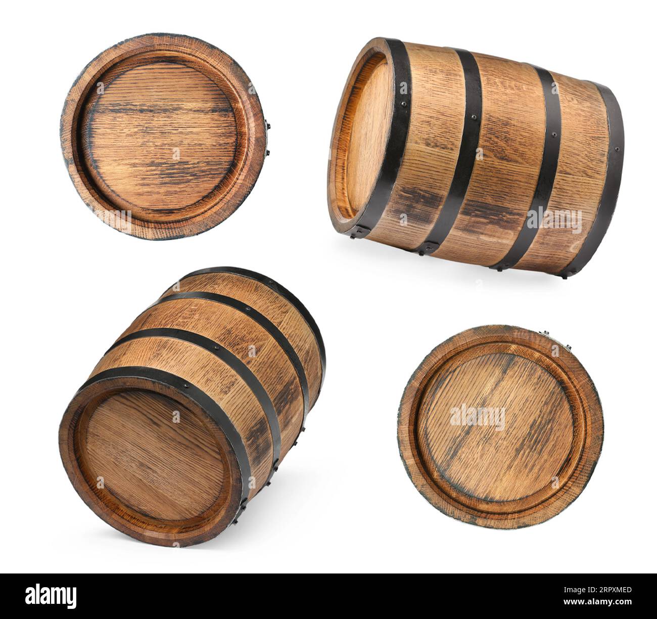 Collage of wooden barrel on white background, different sides Stock ...
