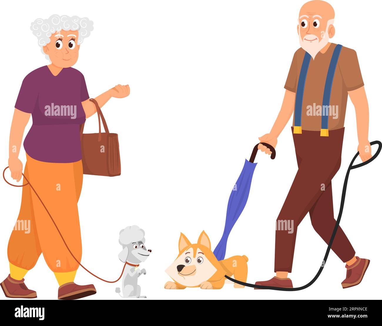 Old people walking with dogs. Active cartoon seniors Stock Vector Image ...