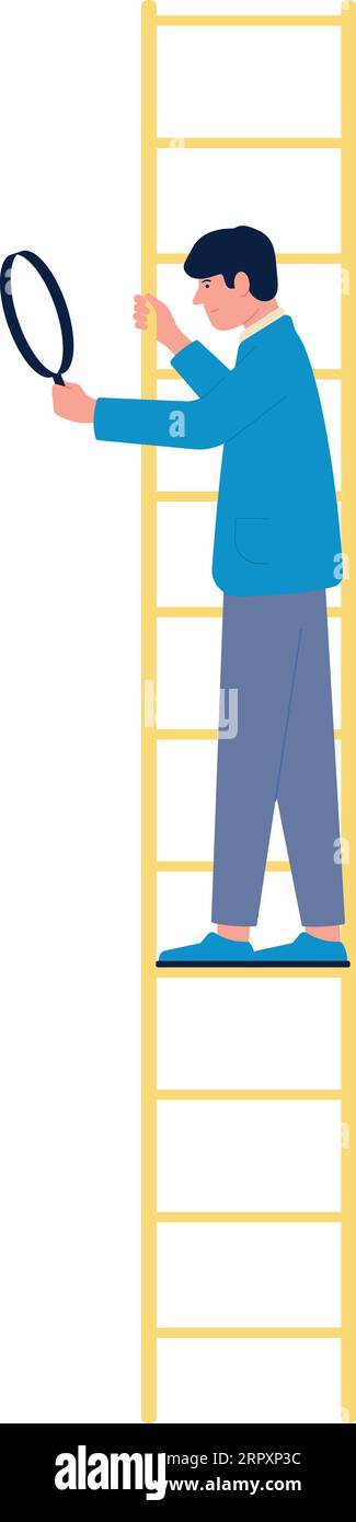 Man on ladder with magnifying glass. Business research strategy Stock ...