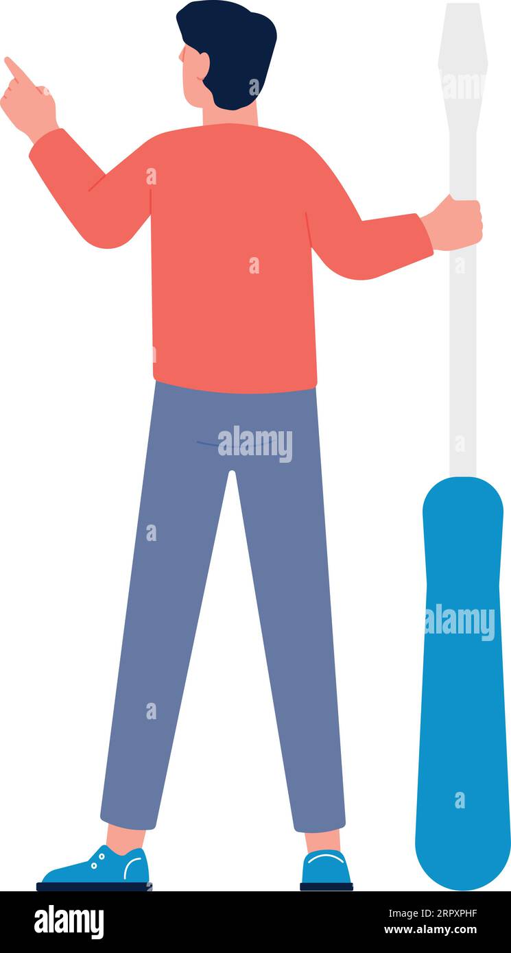 Man with big screwdriver. Problem solution. Fixing character Stock ...