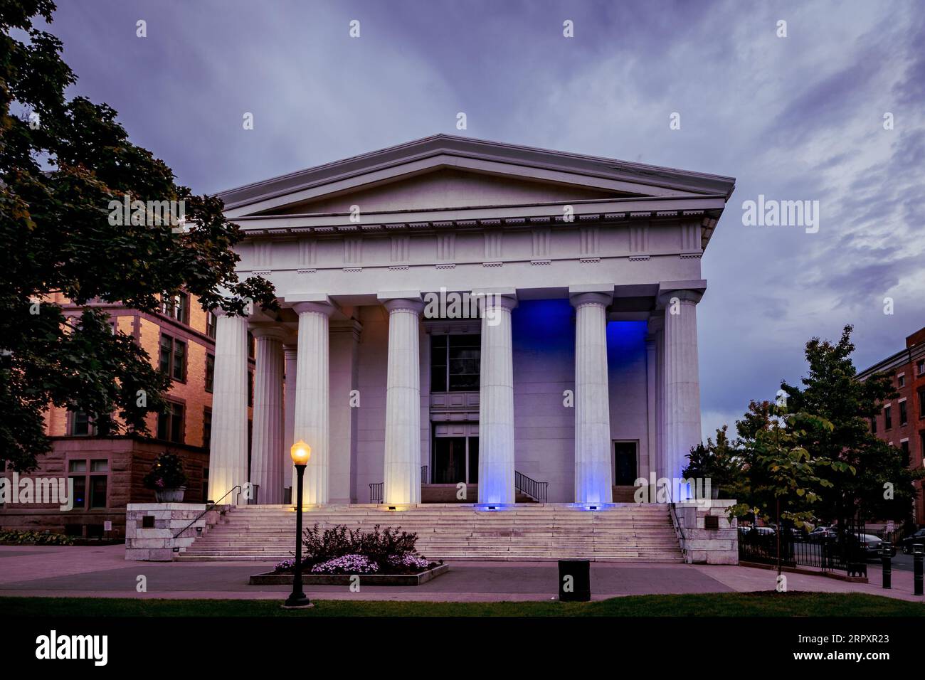 Troy, NY – US – Sept 2, 2023 Blue hour view of the illuminated Greek ...