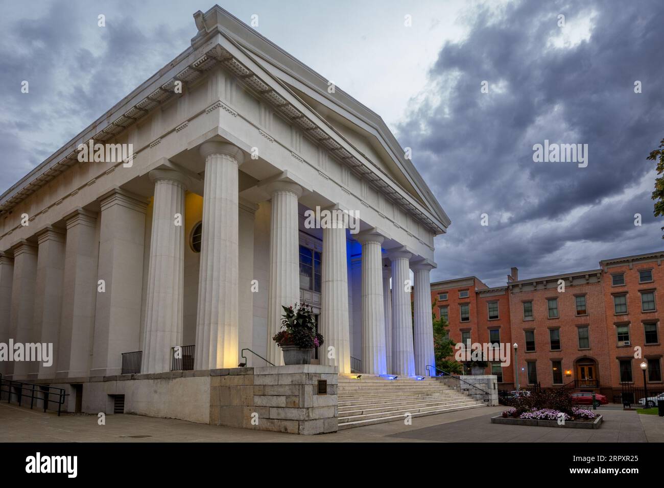 Troy, NY – US – Sept 2, 2023 Three quarter Blue hour view of the ...