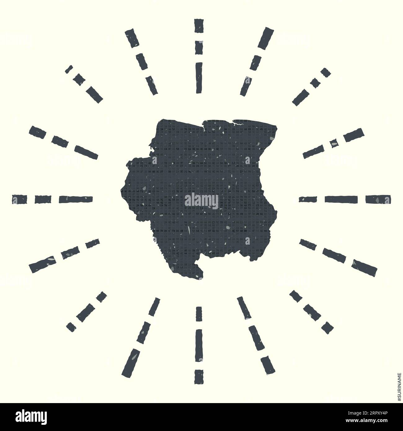 Grunge sunburst poster with a map of Suriname. The shape of Suriname is ...