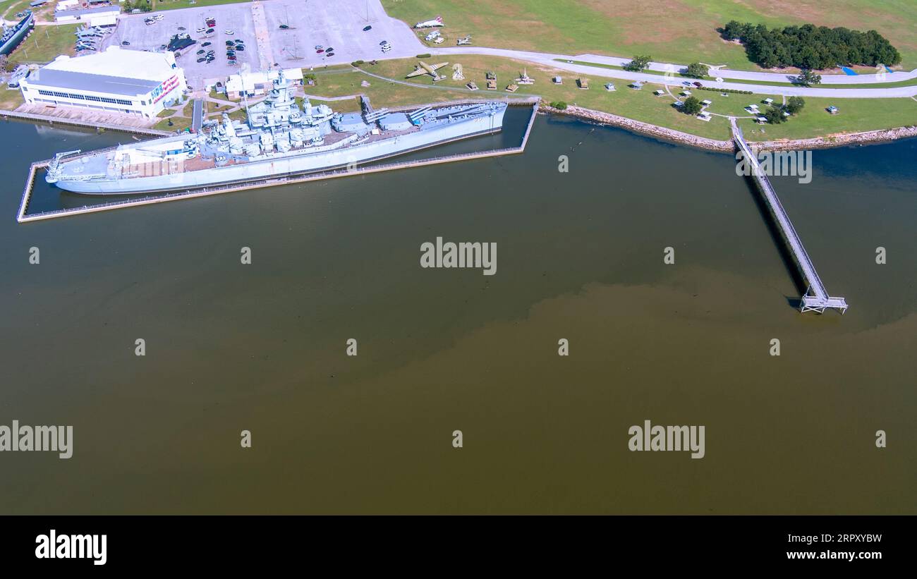 Mobile, AL USA 22 Aug 2023 aerial view of the USS Alabama Battleship in ...