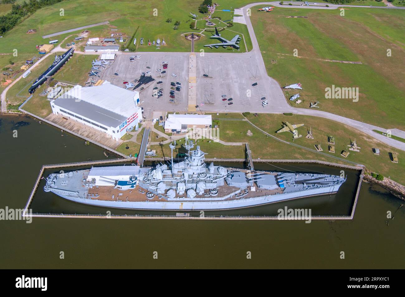 Mobile, AL USA 22 Aug 2023 aerial view of the USS Alabama Battleship in ...