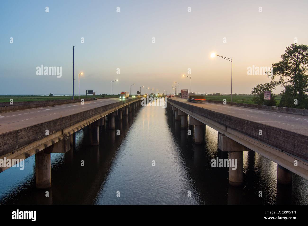 Aerial view of Mobile Bay and Jubilee Parkway bridge at sunset on the Alabama Gulf Coast Stock ...