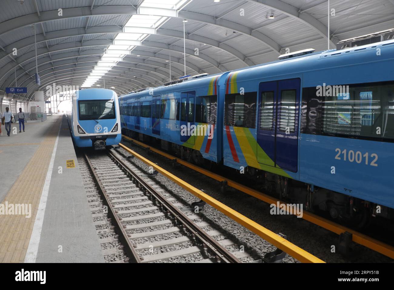 Lagos. 4th Sep, 2023. This photo taken on Sept. 4, 2023 shows the trains of the Lagos Rail Mass ...