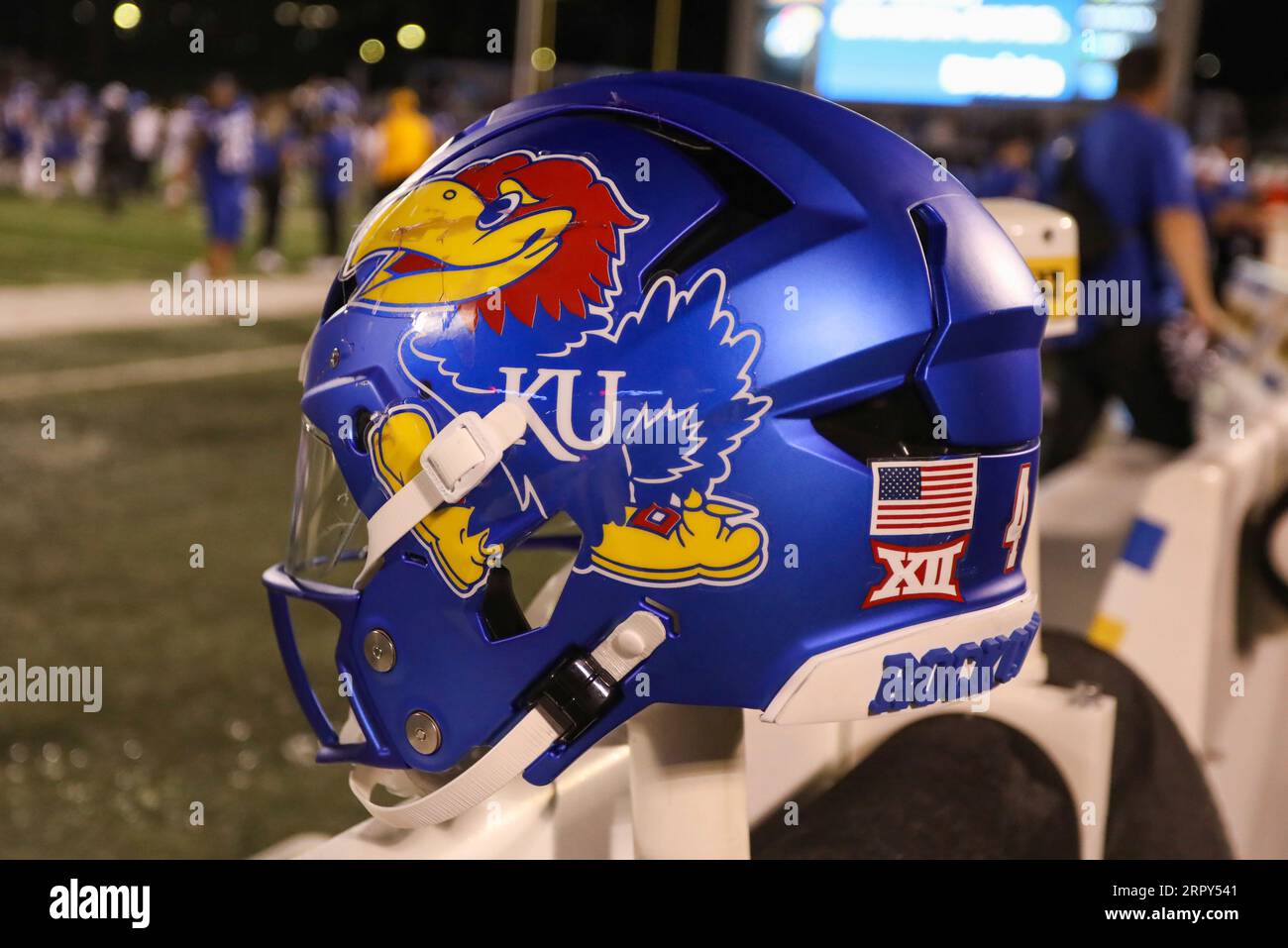 LAWRENCE, KS - SEPTEMBER 01: A view of a Kansas Jayhawks helmet during ...
