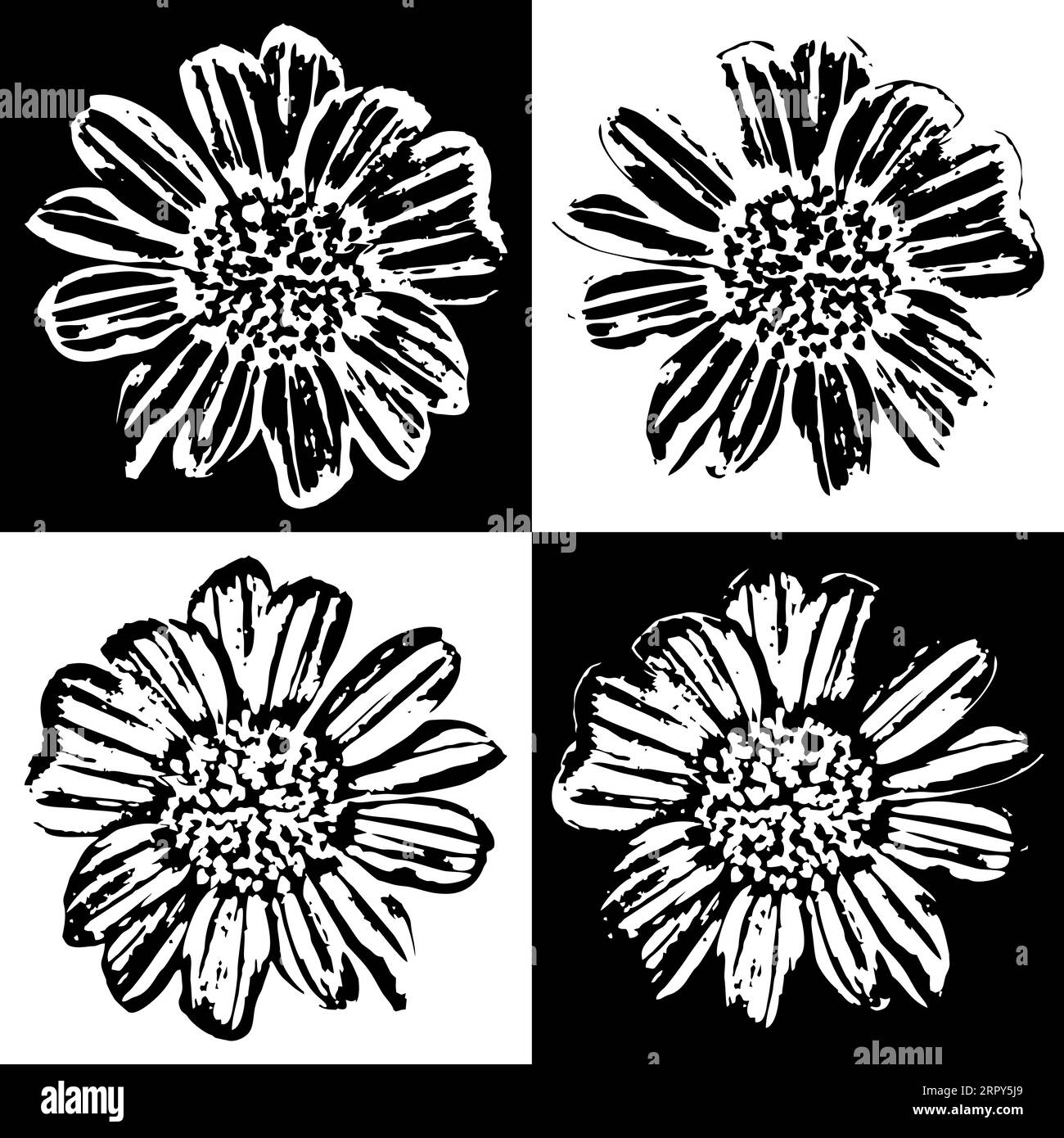Illustration of textured flowers in black and white, positive and ...