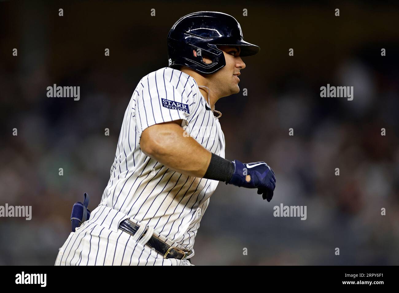 New York Yankees' Jasson Dominguez runs after hitting a double against ...