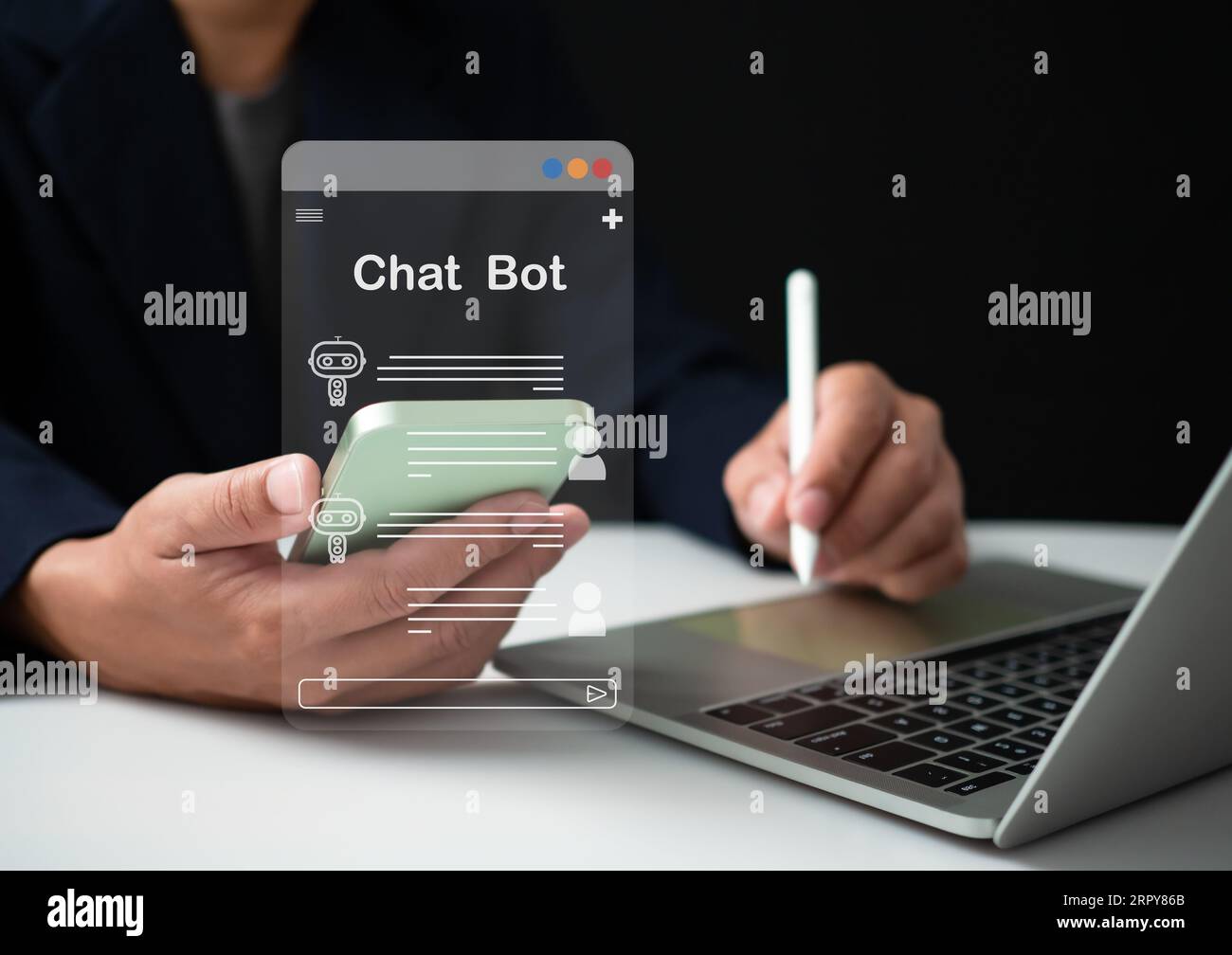 Business people use computers and work phones. There is a smart AI ...