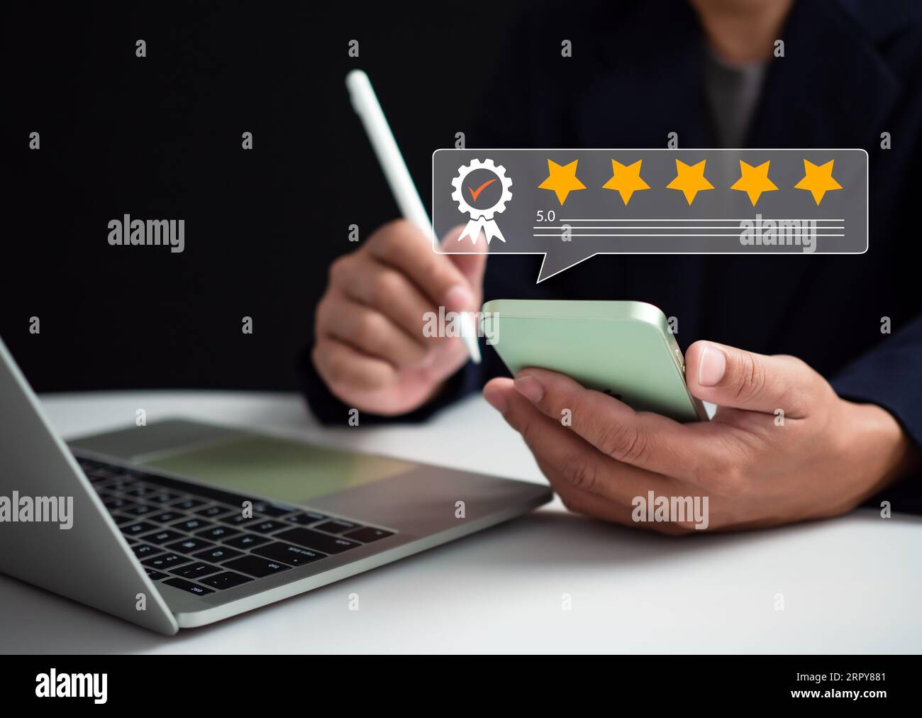 Business people use computers and telephones to analyze customer ...