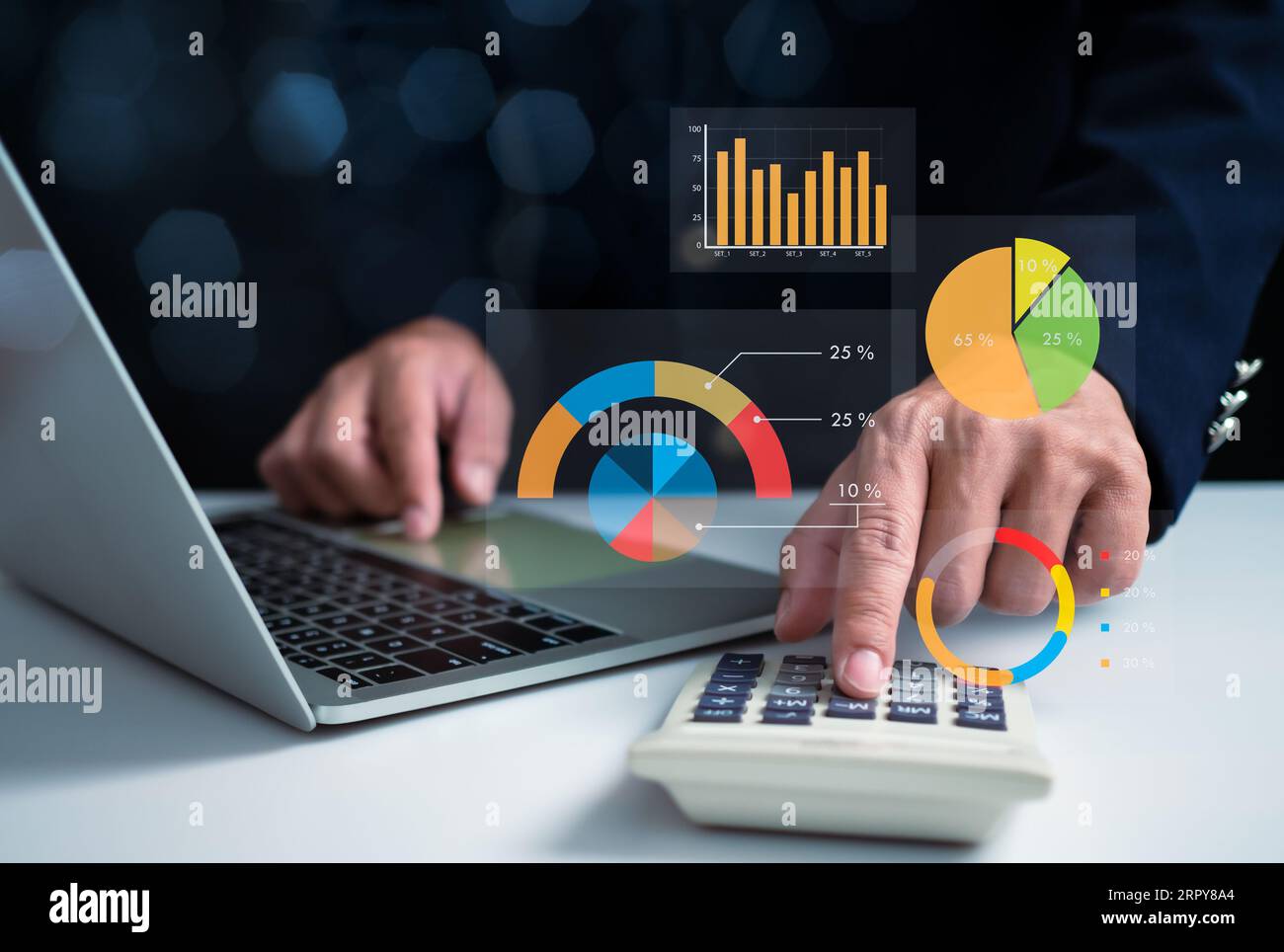 Business people use computers to analyze business and manage corporate ...