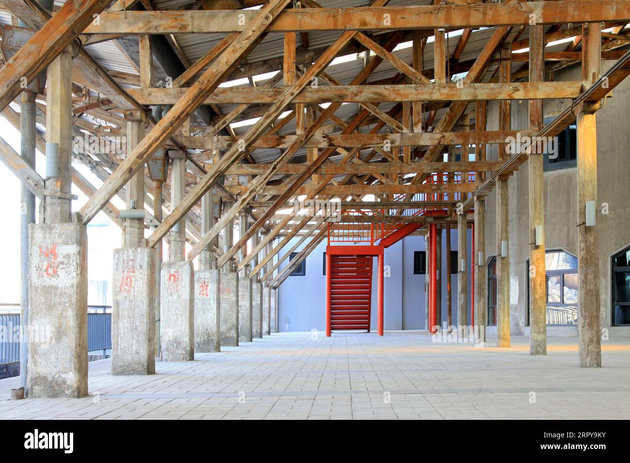 Cement column and wooden support, closeup of photo Stock Photo - Alamy