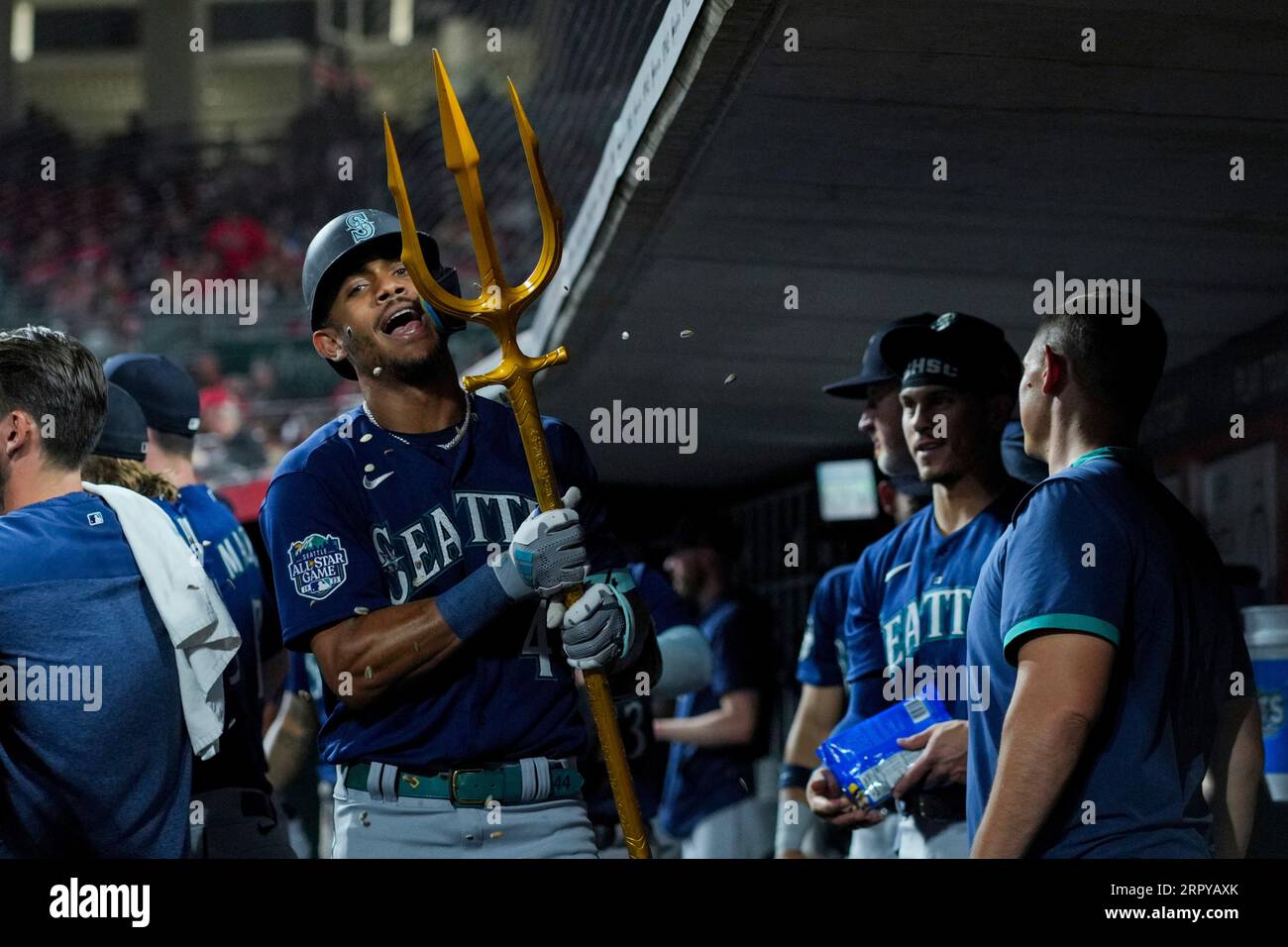 Seattle Mariners' Julio Rodriguez celebrates in the dugout with the ...