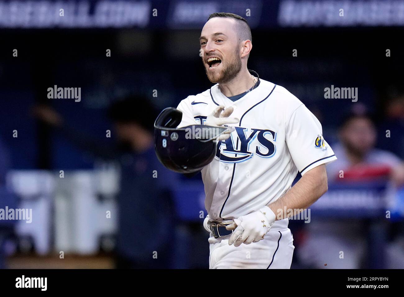 Tampa Bay Rays' Brandon Lowe celebrates his walk-off three-run home run ...