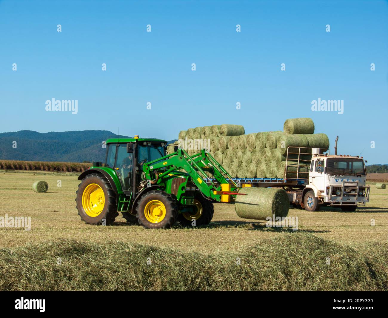 Tractor loading hay bales hi-res stock photography and images - Alamy