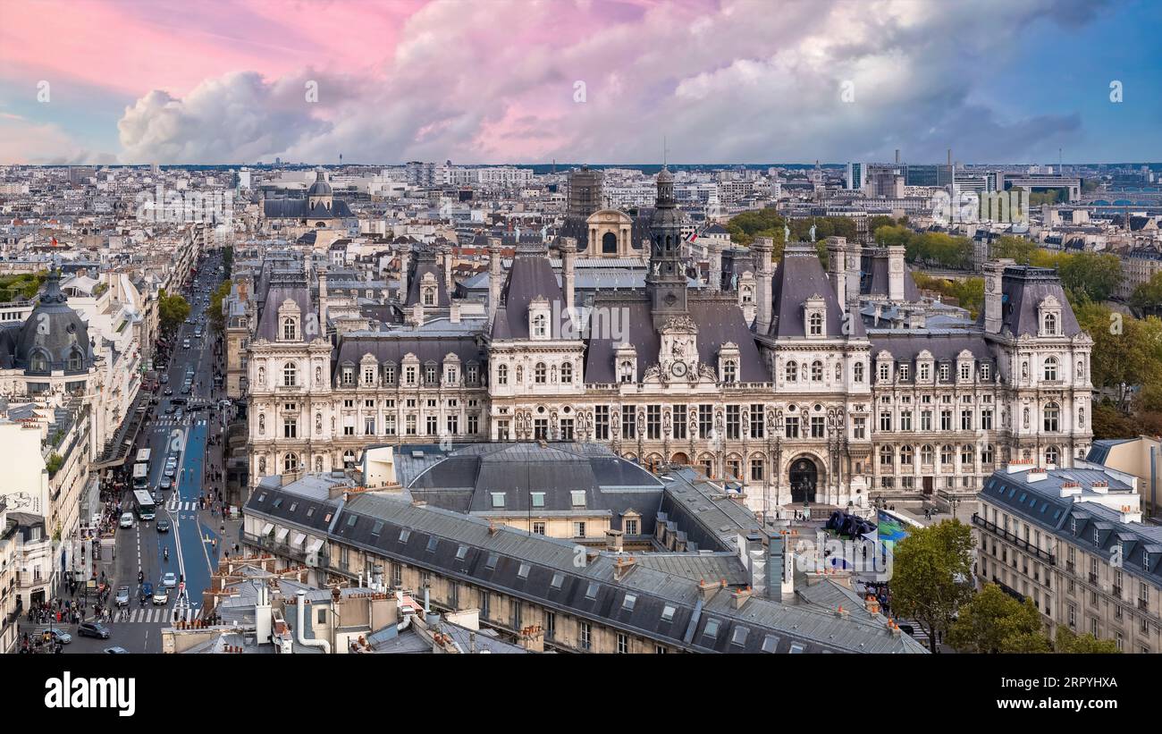 Paris, aerial view of the facade of the Hotel de Ville, city hall of ...